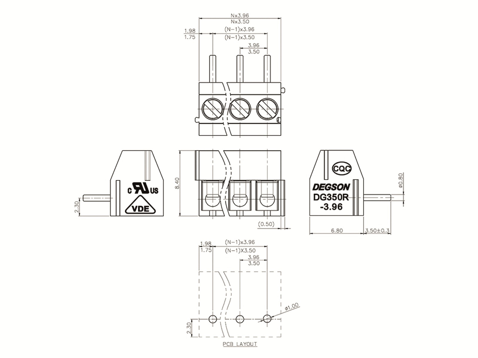 DEGSON Klemmleiste, DG350R-3.5-02P-14-00AH, horizontal 2 pol grün