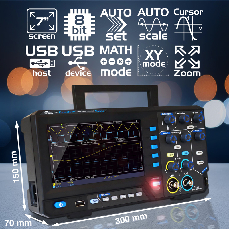 PEAKTECH Digital Speicher Oszilloskop, P 1401, 2 Kanäle, 10 MHz